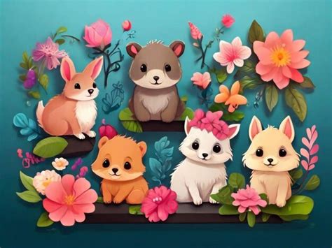 Premium Photo A Cute Animals In Flowers Vector Collection Sticker