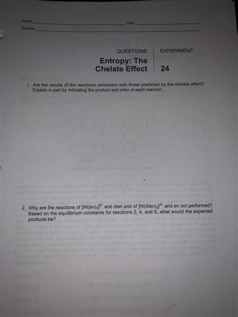 Report Sheet Experiment Entropy The Chelate Effect