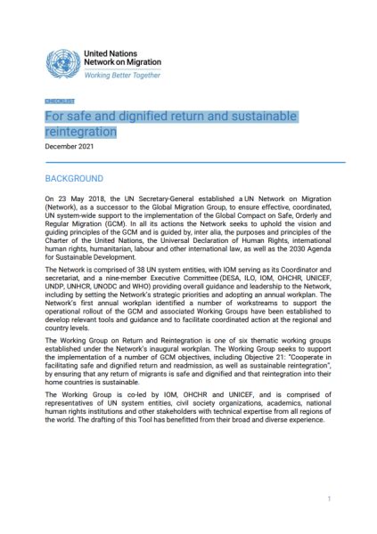 Checklist For Safe And Dignfied Return And Sustainable Reintegration