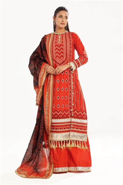 Rust 3 Piece Unstitched Zari Embroidered Lawn Suit Gul Ahmed