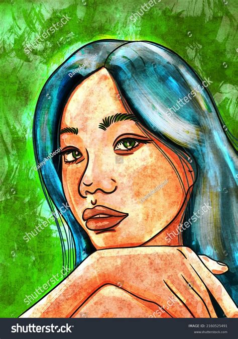 Modern Portrait Elegant Girl Blue Hair Stock Illustration 2160525491