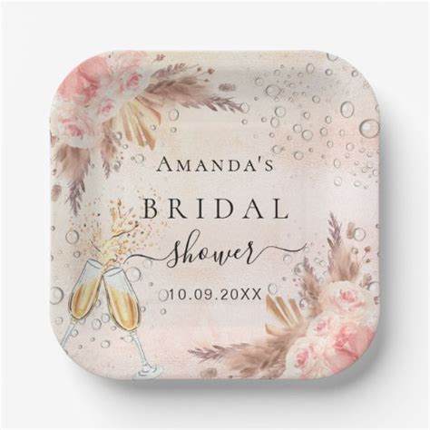 Bridal Shower Pampas Grass Rose Gold Bubbly Paper Plates Zazzle