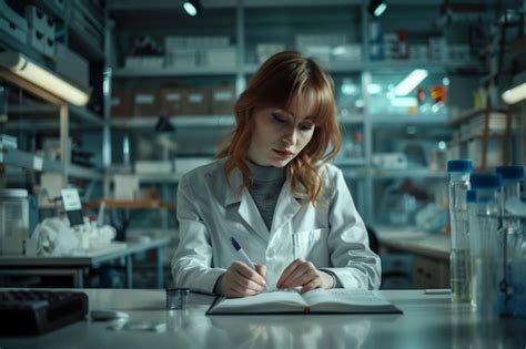 Female Scientist In A Lab Recording Data Premium Ai Generated Image