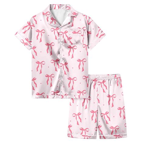 Girls Silk Pajamas Size 7 8 Bow Print Casual Short Sleeve Shirt Tops