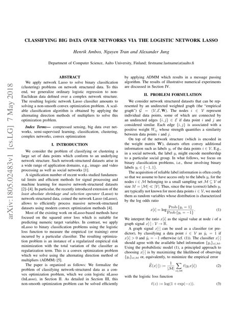 Pdf Classifying Big Data Over Networks Via The Logistic Network Lasso