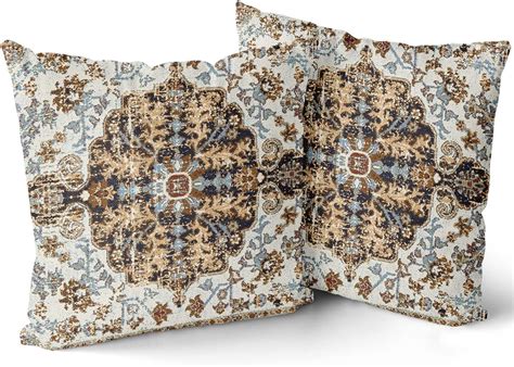 Tan Blue Brown Ethnic Boho Throw Pillow Covers 18x18 Inch Bohemian