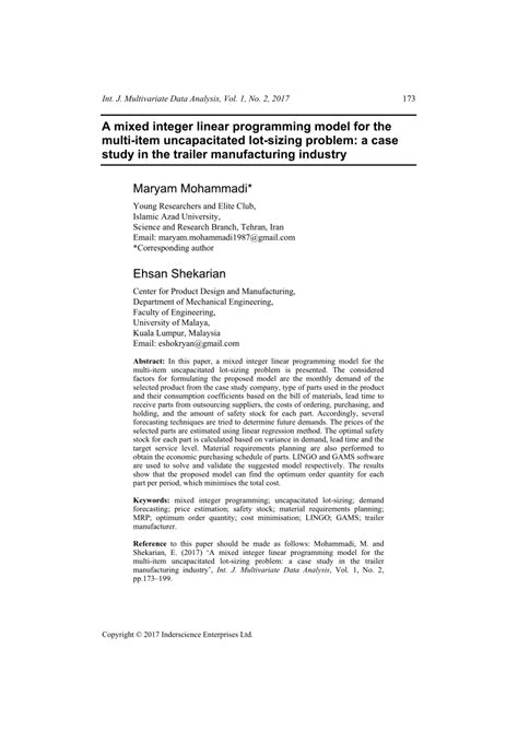 Pdf A Mixed Integer Linear Programming Model For The Multi Item Uncapacitated Lot Sizing