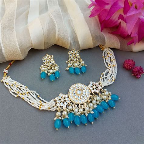 Rani Kundan Choker Set Light Blue