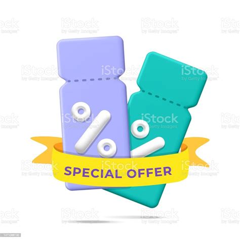 온라인 쇼핑을 위한 3d 벡터 모형 웹 요소 특별 제안 레이블 배지 두 개의 플로팅 할인 쿠폰 티켓 백분율 기호 디자인 3차원