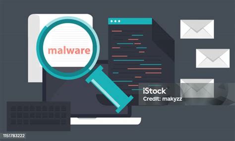 노트북에 멀웨어가 있는 문서 바이러스 불법 복제 해킹 및 보안의 개념 전자 메일 보호 맬웨어 방지 소프트웨어의 웹 사이트 배너입니다 평면 벡터 일러스트입니다 개념에 대한