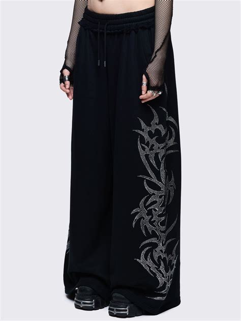 Baggy Wide Leg Sweatpants With Cyber Sigil Rhinestone Graphic Minga