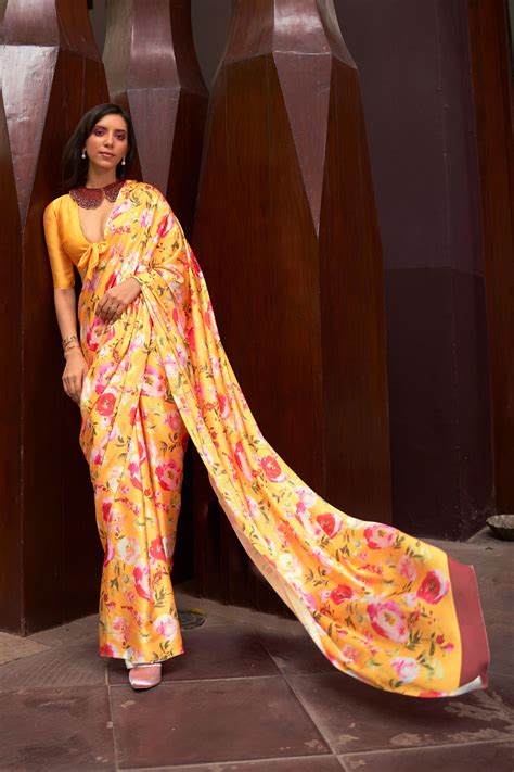 Saffron Mango Digital Floral Printed Satin Crepe Saree Party Wear Sar