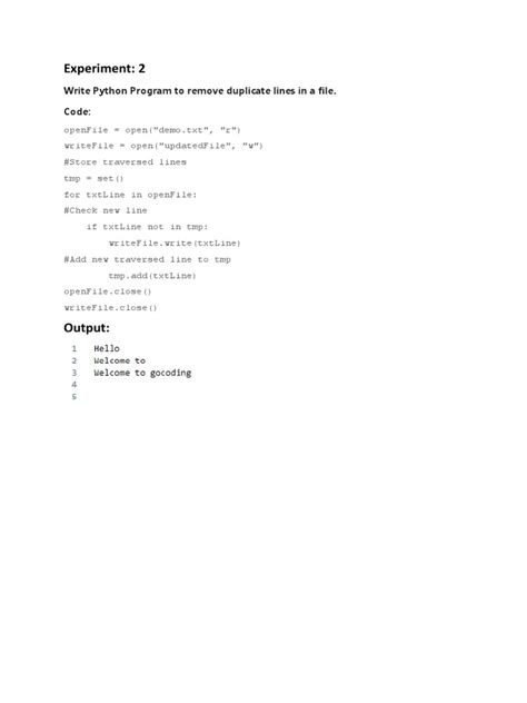 Experiment 2 Write Python Program To Remove Duplicate Lines In A File Code Pdf