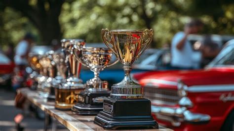 Classic Car Show Trophies Displayed Under Sunlight In Park Premium Ai