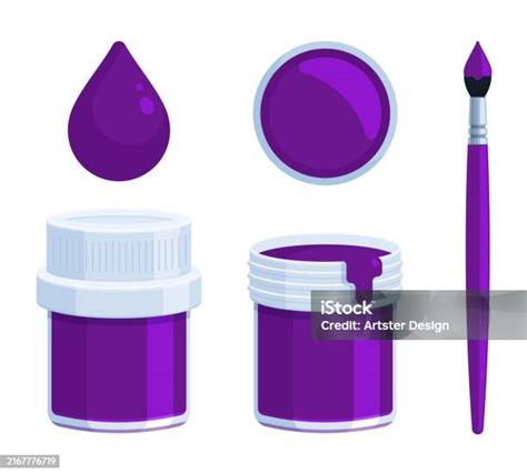 Ilustración De Set De Bote De Pintura Morada Con Pincel Y Gota De