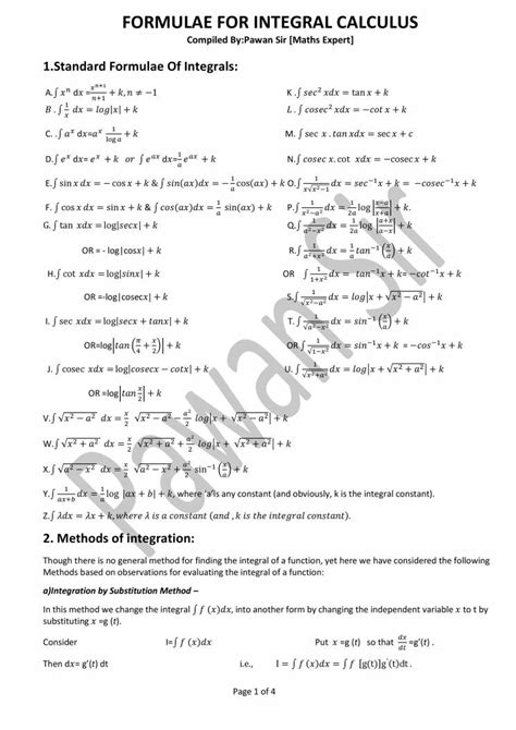 Integral Formula Sheet