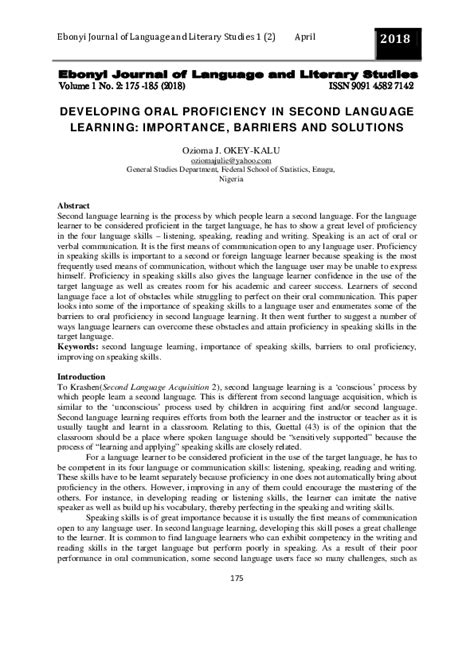Pdf Developing Oral Proficiency In Second Language Learning