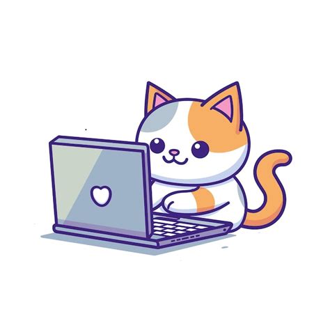 Premium Vector Cute Cartoon Cat Typing Laptop Cheerful Feline Working Computer Adorable Kitten
