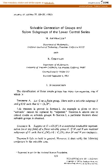 Pdf Solvable Generation Of Groups And Sylow Subgroups Of The Lower