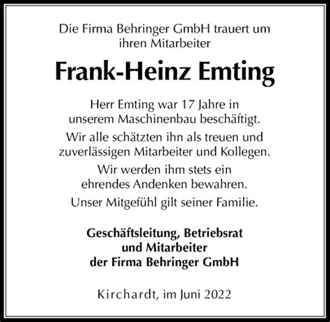 Traueranzeigen Von Frank Heinz Emting Trauerundgedenkende