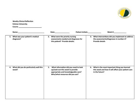 Clinical Weekly Reflection Template Weekly Clinical Reflection