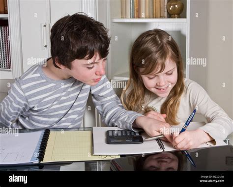 Young Teenager Boy Helping His Sister With Her Homework Back To