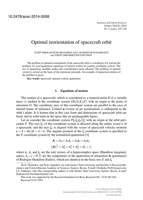 Pdf Optimal Reorientation Of Spacecraft Orbit