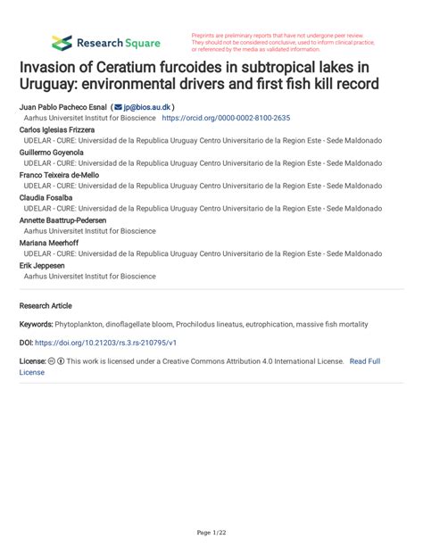 Pdf Invasion Of Ceratium Furcoides In Subtropical Lakes In Uruguay