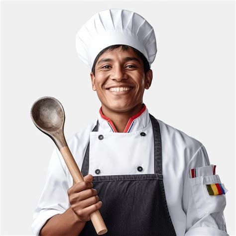 Premium Photo A Male Kitchen Chef With White And Red Hat And White