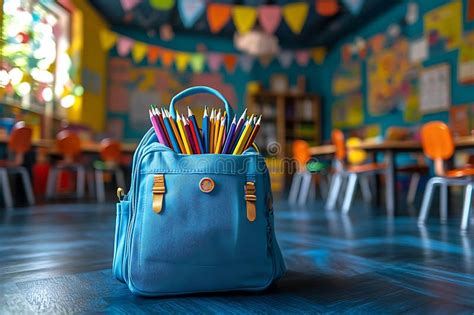 Light Blue School Bag With Colour Pencils In Classroom With Tables