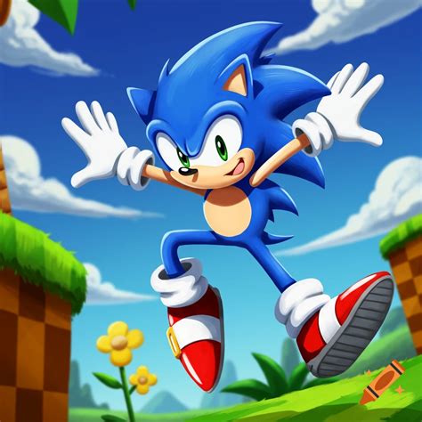 Sonic The Hedgehog Jumps In A Cartoon Style Grassy Landscape On Craiyon