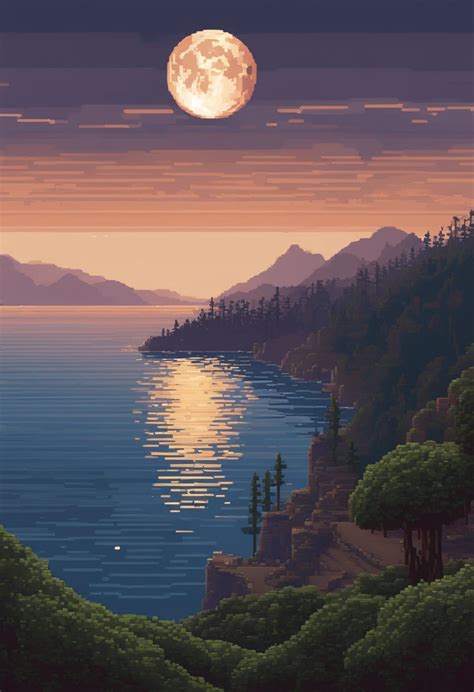 잔잔한 바다에 떠오르는 거대한 달의 픽셀 아트 Bea Seaart Ai