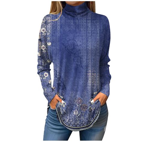 Tqwqt Plus Size Turtlenecks For Women Loose Fit Floral Printed Tunic