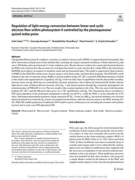 Regulation Of Light Energy Conversion Between Linear And Cyclic Electron Flow Within Photosystem