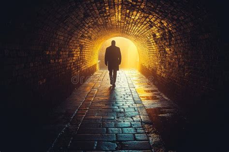 Solitary Figure Walking Towards Light In A Brick Tunnel Stock