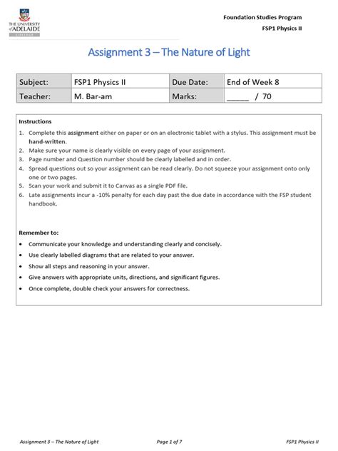 Assignment 3 The Nature Of Light Pdf Photoelectric Effect Photon