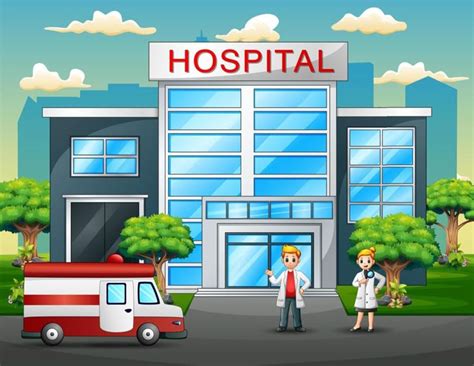 Doctors And Nurse Standing In Front Of Hospital Building With Ambulance