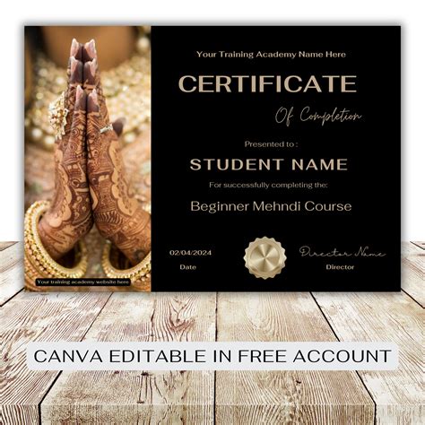 Mehndi Certificate Diploma Template Mehndi Tattoo Certificate Gold Canva Template Etsy