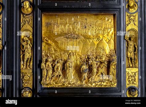 Close Up Of A Panel Of The Gates Of Paradise The Gilded Bronze Doors Created By Lorenzo