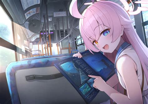 Safebooru 1girl Ahoge Blue Archive Blue Eyes Blush Book Bus Interior