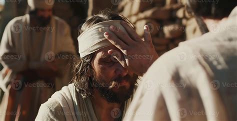Jesus Christ Heals A Blind Man In Biblical Scene Showing Compassion