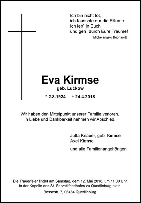 Traueranzeigen Von Eva Kirmse Abschied Nehmen De