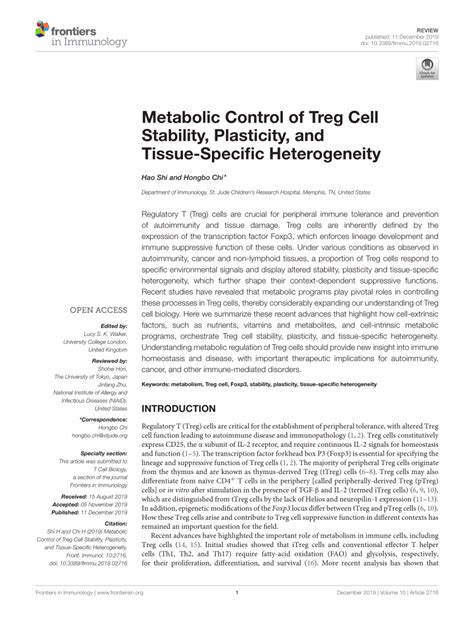 Pdf Metabolic Control Of Treg Cell Stability Plasticity And Tissue