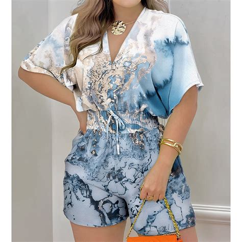 Macacão De Manga Curta Feminino Elegante Sexy V Pescoço Em Morcego De Verão Primavera Impressão