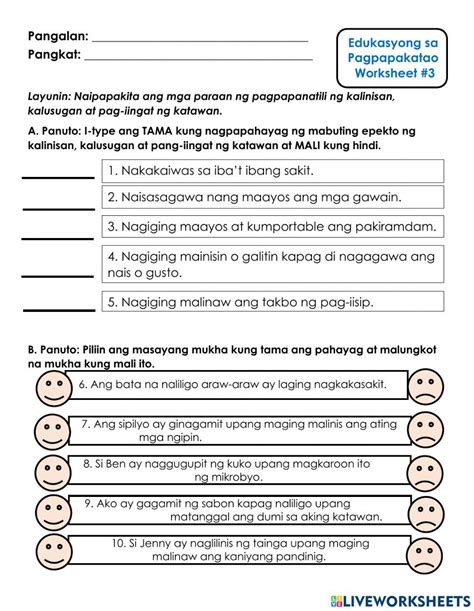 Esp Kalinisan Kalusugan At Pang Iingat Sa Katawan Worksheet Artofit