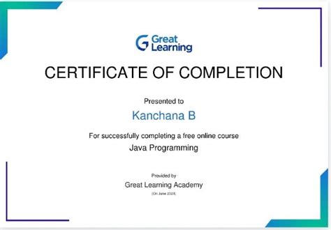 Java Completion Certificate From Great Learning Free Online Certificate Provided By Great