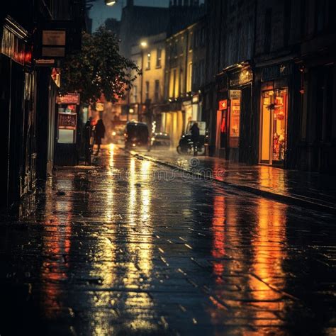 Atmospheric Nighttime City Street With Reflections On Wet Pavement