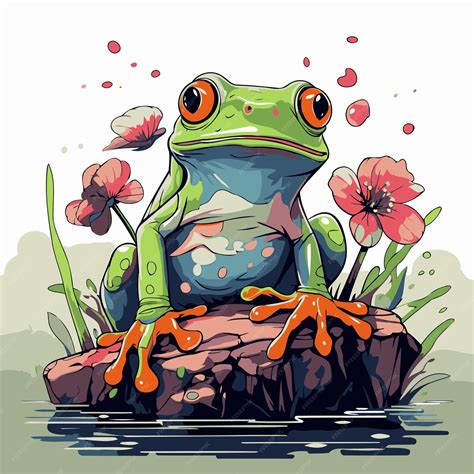 Premium Vector Frog Sitting On A Rock With Flowers Vector Cartoon