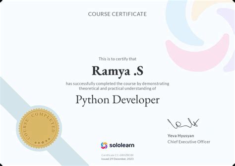 Completed Python Developer Course On Sololearn Ramya S Posted On The