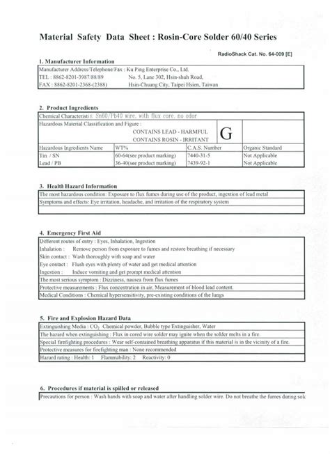 Material Safety Data Sheet Rosin Core Solder 6040 Radio Shack